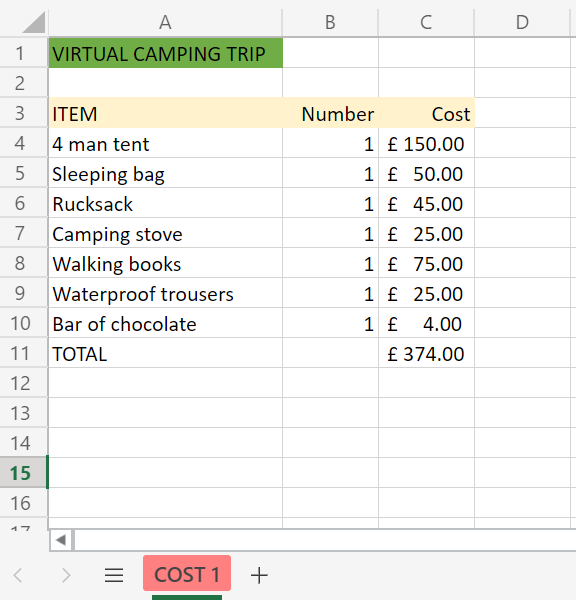 Week 21: Excel Costing out the Virtual Camping Trip - Loughborough High School